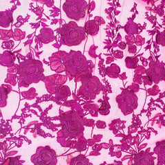 Metallic Fuchsia Floral Embroidered on Tulle Fabric 52" Wide On Sale