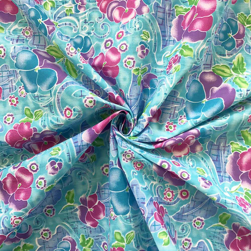 Pansy Swirl Turquoise Print Fabric Cotton/Poly Broadcloth $4.99/yard